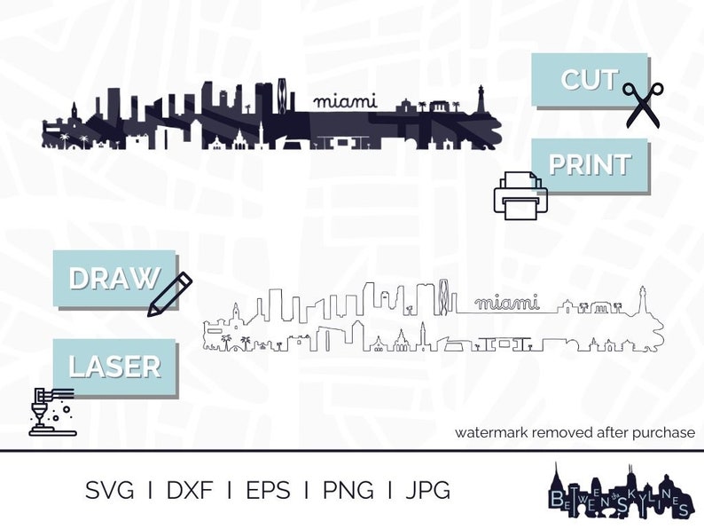 Miami Skyline Svg Miami Clip Art Landmarks Silhouette Vector Graphics ...