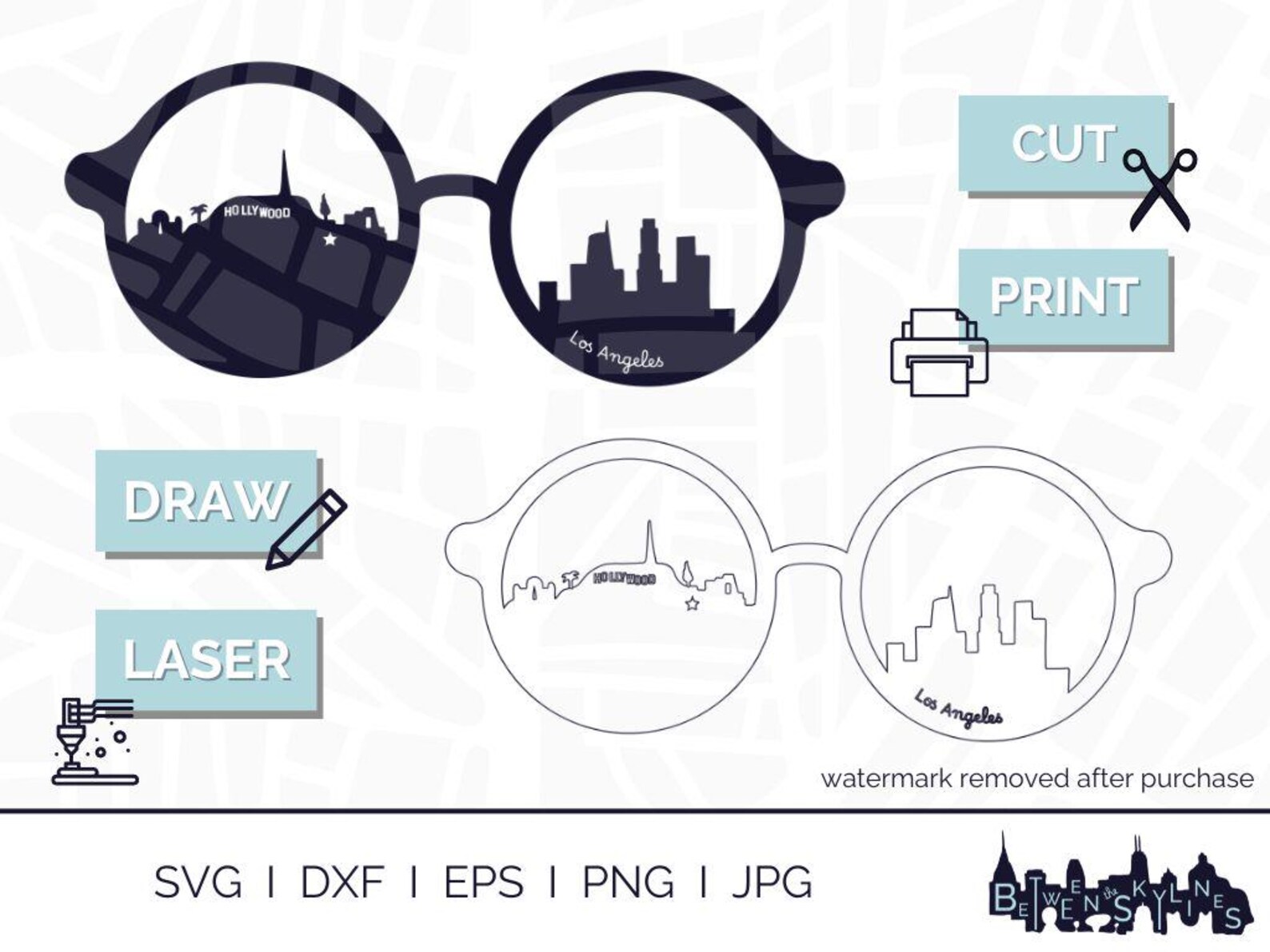 Los Angeles Skyline Corb Glasses Svg LA Landmarks Silhouette Vector ...