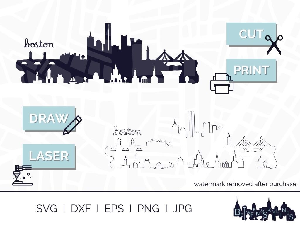 Boston Skyline Svg Boston Clip Art Landmarks Silhouette Vector Graphics ...