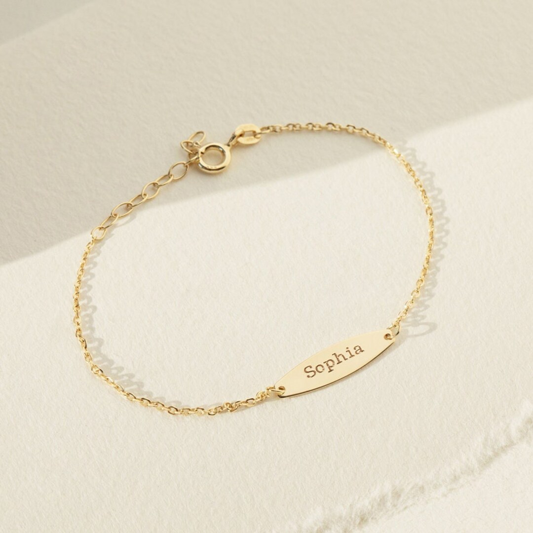 14k Yellow Gold Toddlers Thin Chain Link Engravable Tag Bracelet 56 ...