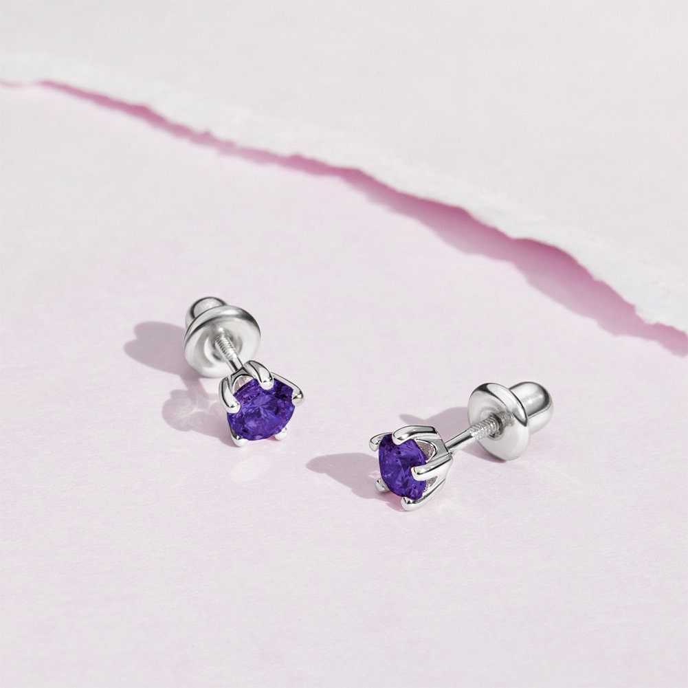 925 Sterling Silver Children's Prong Set Simulated Birthstone Screw ...