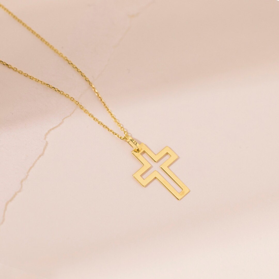 14k Yellow Gold Classic Unisex Bold Cross Outline Pendant Necklace ...
