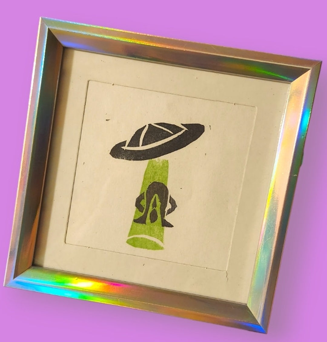 UFO Abduction butt First 4x4 Framed Handcarved Linocut - Etsy