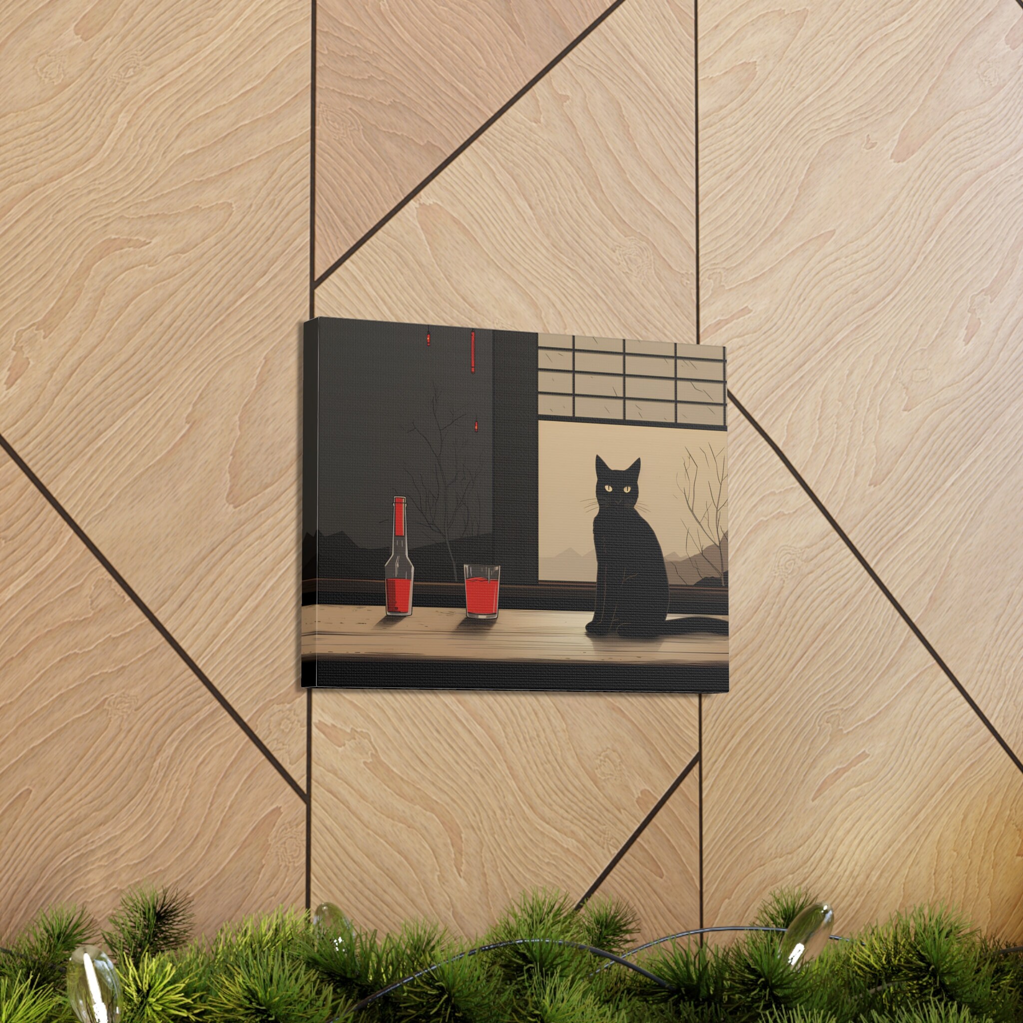 Black Cat Red Wine Animal Art Print Canvas Gallery Wrap Minimalist ...