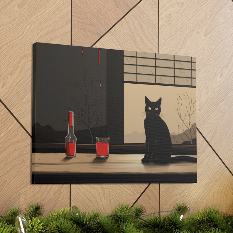 Black Cat Red Wine Animal Art Print Canvas Gallery Wrap - Etsy