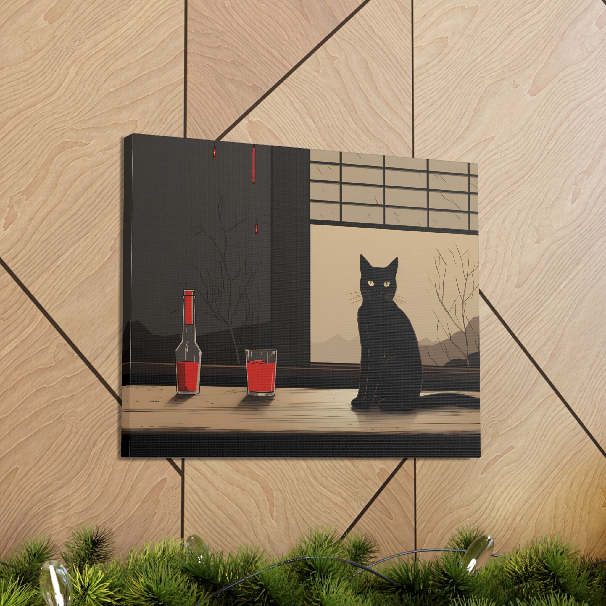 Black Cat Red Wine Animal Art Print Canvas Gallery Wrap Minimalist ...