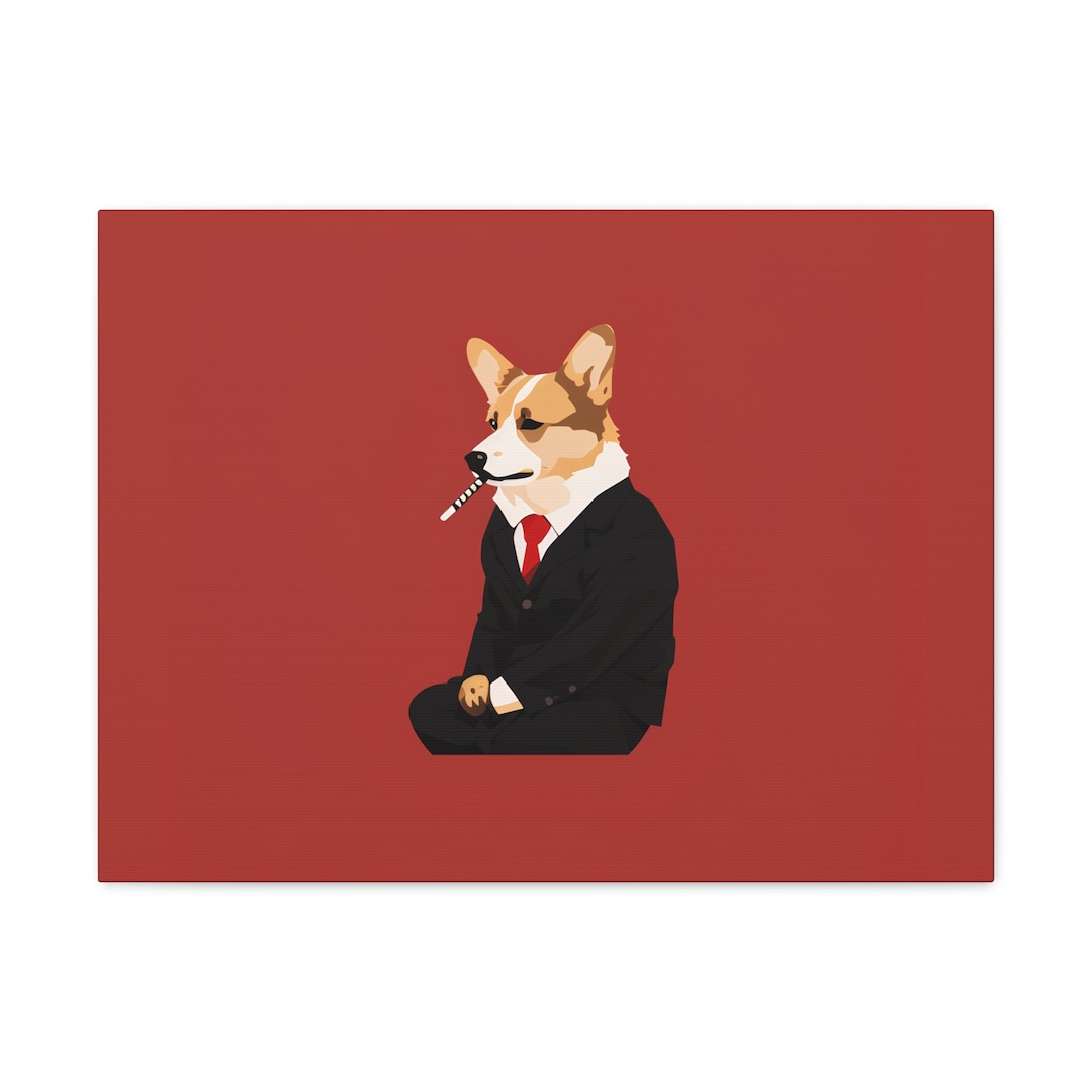 Corgi With Cigarette Animal Art Black & Red Print Canvas Gallery Wrap ...