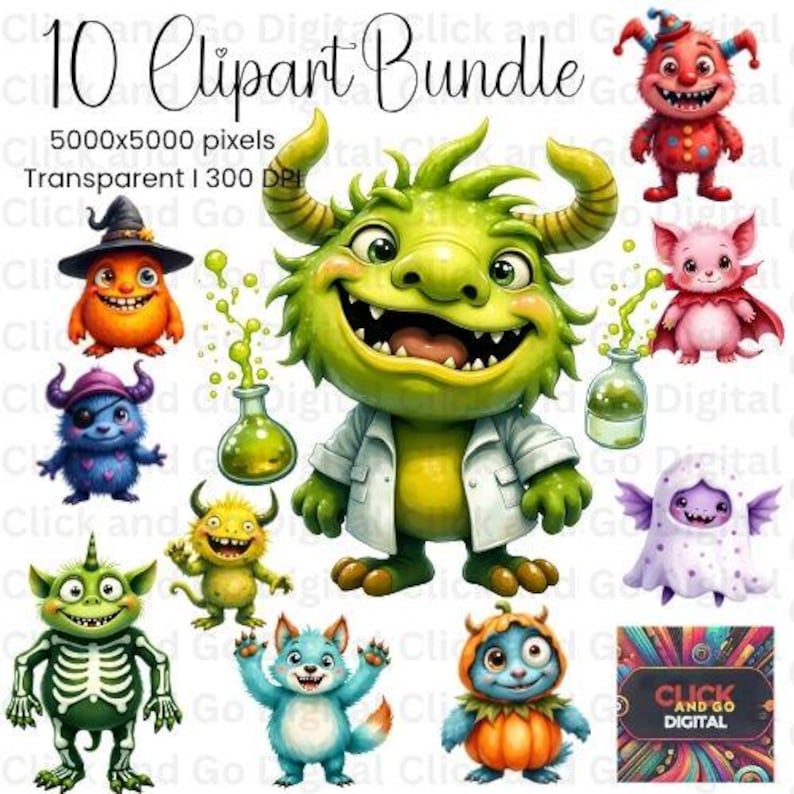 10 Silly Halloween Monsters Clipart Bundle, PNG 300 DPI, Whimsical ...