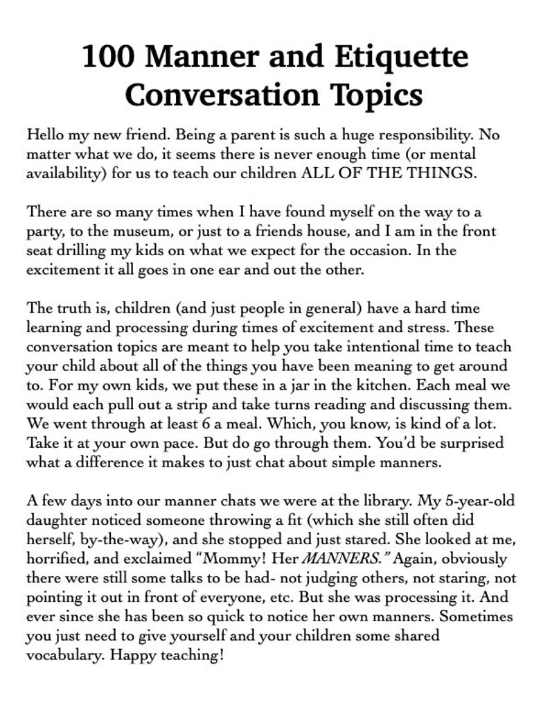 100 Manner and Etiquette Conversation Topics - Etsy