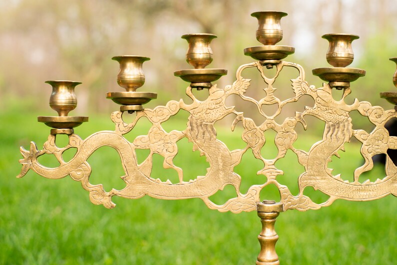 Large Vintage Etched Brass Chinese Dragon Candelabra - Etsy