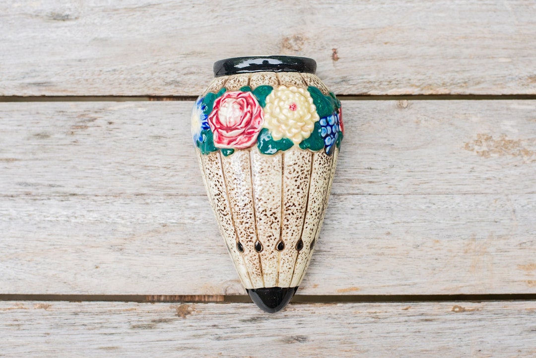 Vintage Japanese Ceramic Floral Wall Pocket - Etsy
