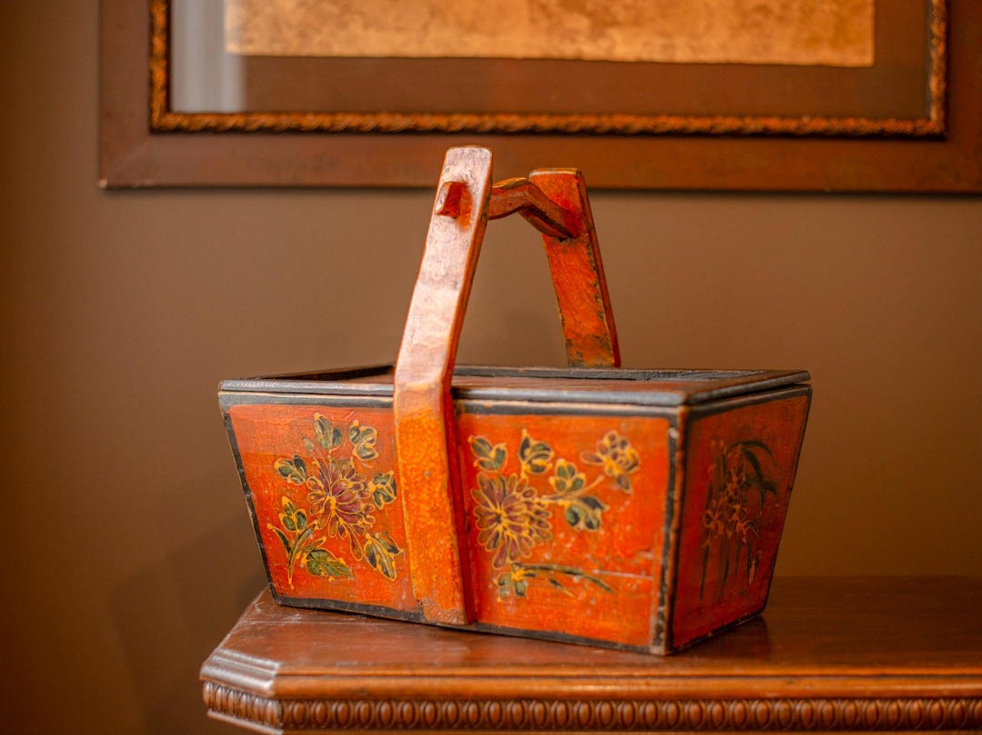 Antique Chinese Traditional Floral Painted Lidded Wooden Basket ...