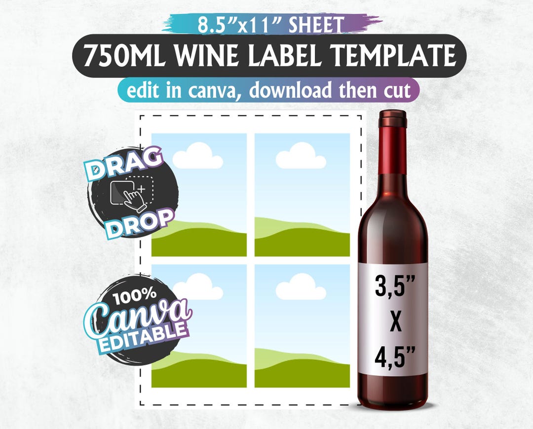 Editable Wine Label Template: 750ml, 3.5"x4.5" Canva Design (digital ...