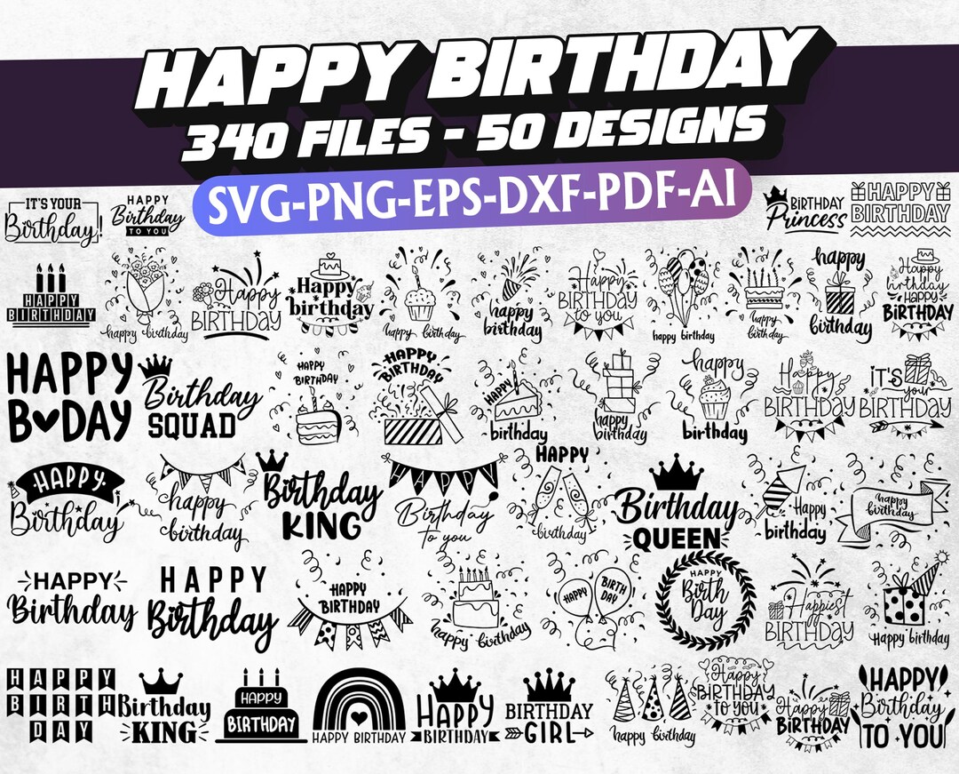 Happy Birthday SVG Bundle, 50 Designs, Birthday Doodle SVG, Birthday ...