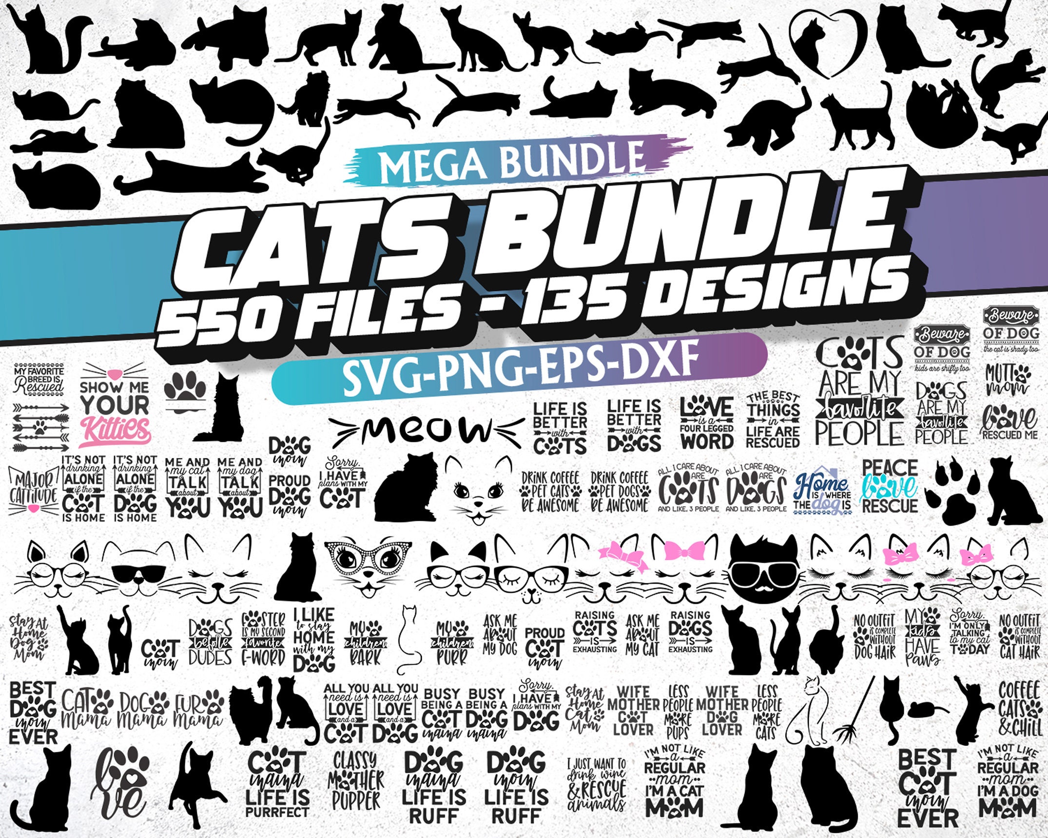 Cat Svg Mega Bundle, Cat Silhouette, Cat Head SVG, Cat Cut Files , Svg ...