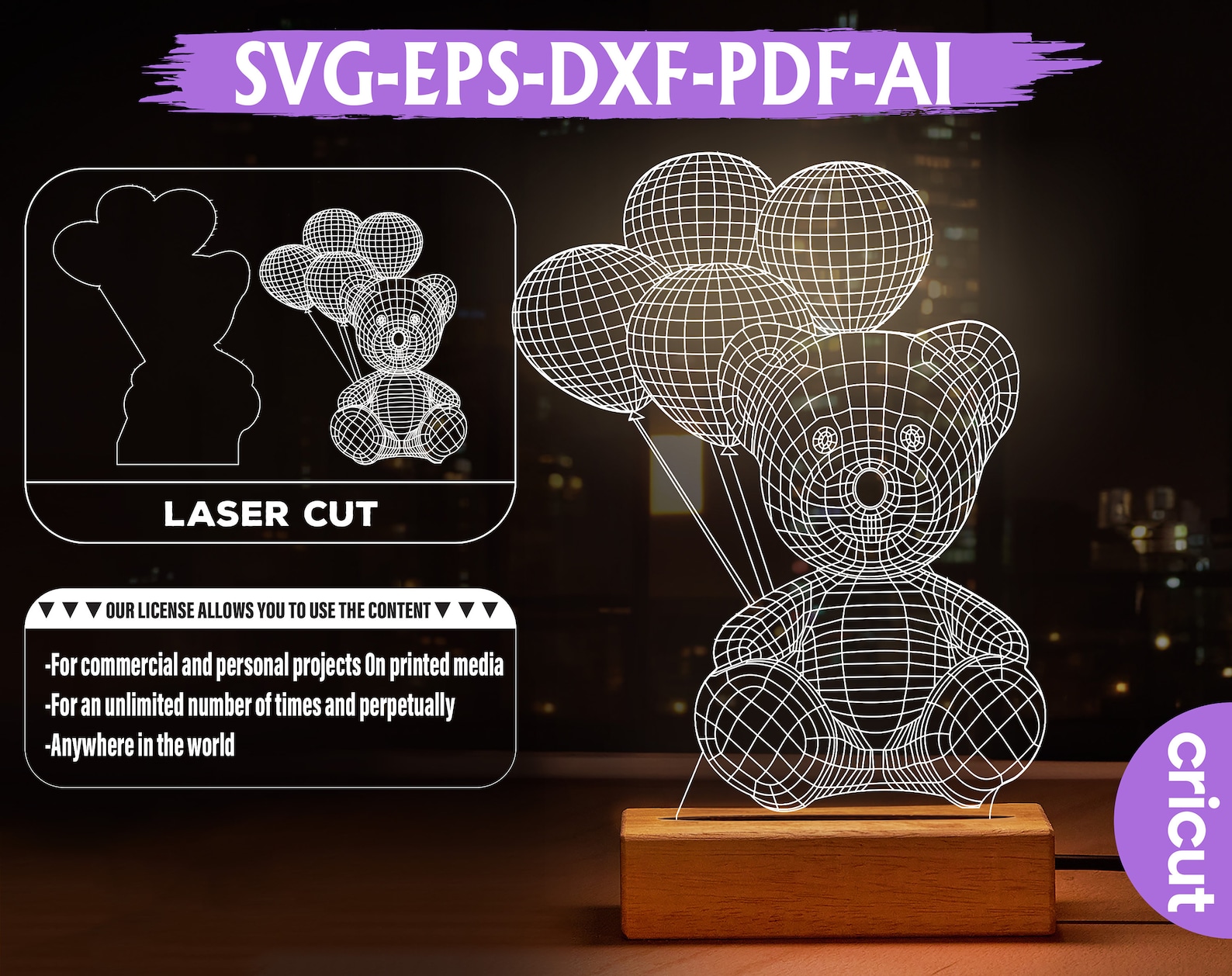 Cute Bear Svg, Led Lights Template, 3D Illusion Acrylic, Hologram Night ...