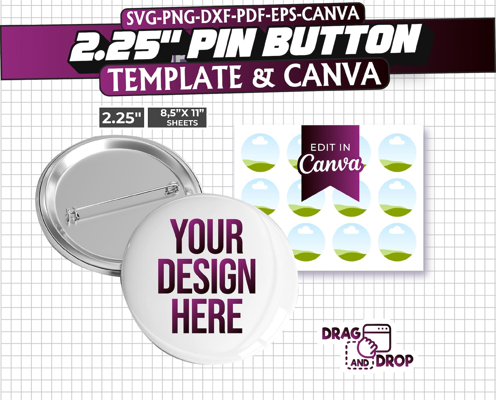 2.25 Inch Pin Button Template: Editable Canva Layout (digital Download ...