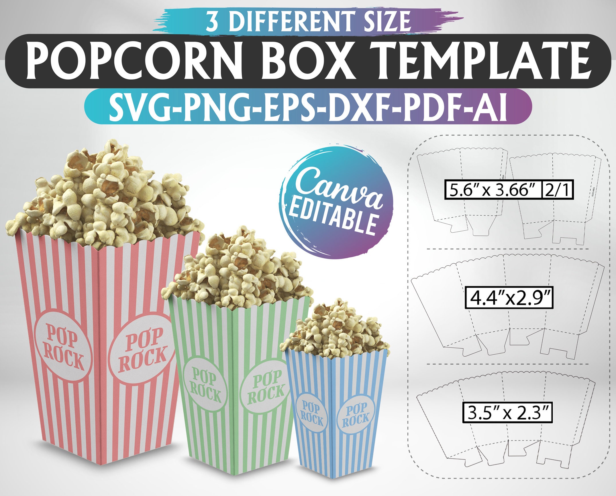 3 Sizes Popcorn Box Template Bundle Popcorn Box Svg Popcorn - Etsy