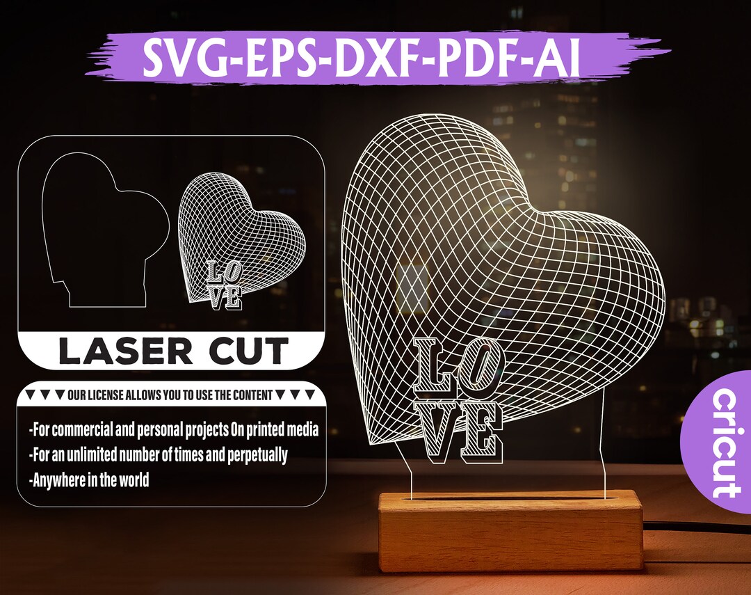 Love Heart 3D Illusion Lamp: Laser Cut Files (digital Download) - Etsy