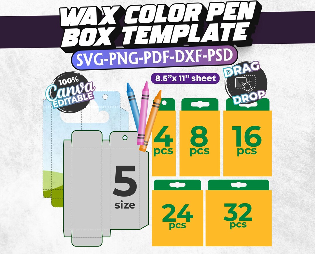 Wax Color Box Template Bundle, 5 Sizes of Color Box, Canva Editable ...