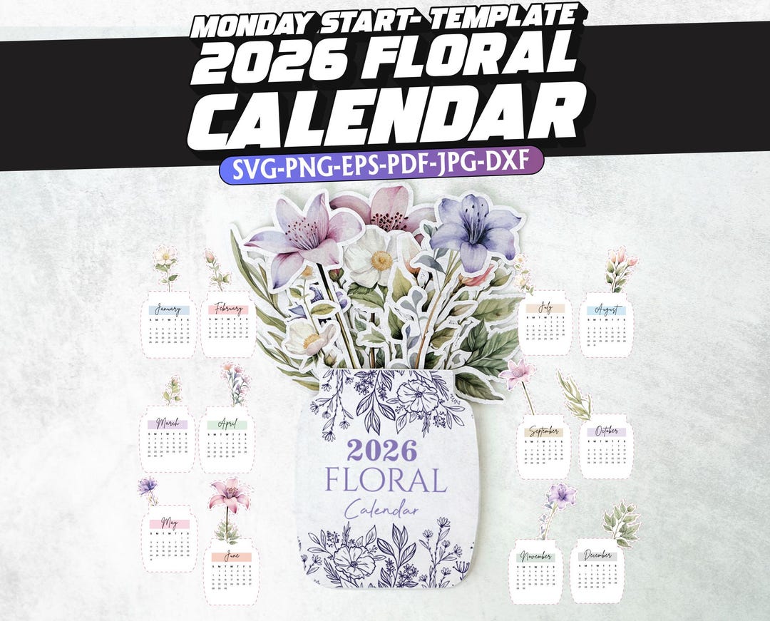 2026 Floral Calendar, 12 Month Printable Vase Flower Calendar, Calendar ...