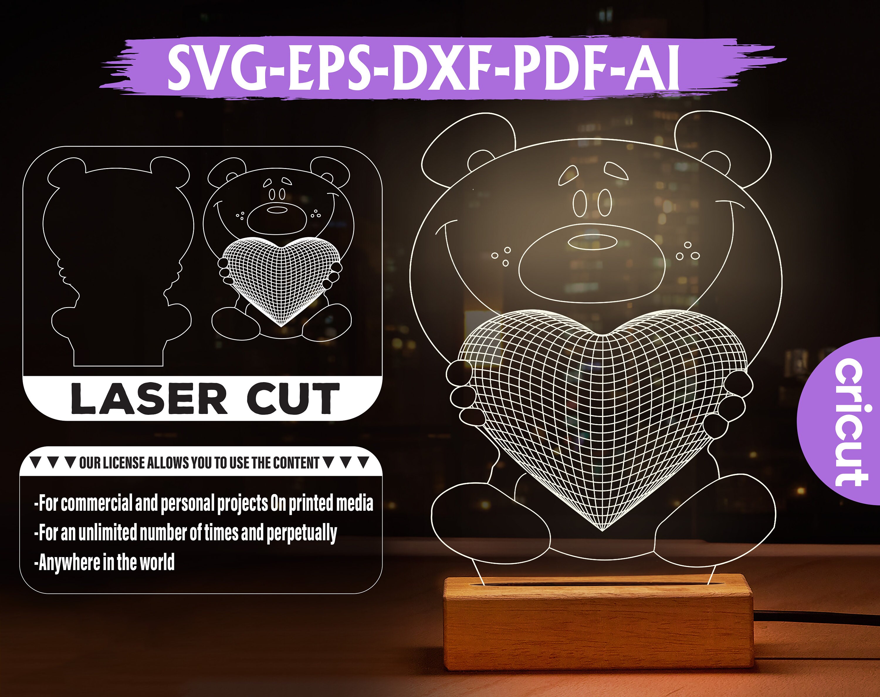 Cute Bear Love Svg Love Heart LED Acrylic Lamp Vector File - Etsy
