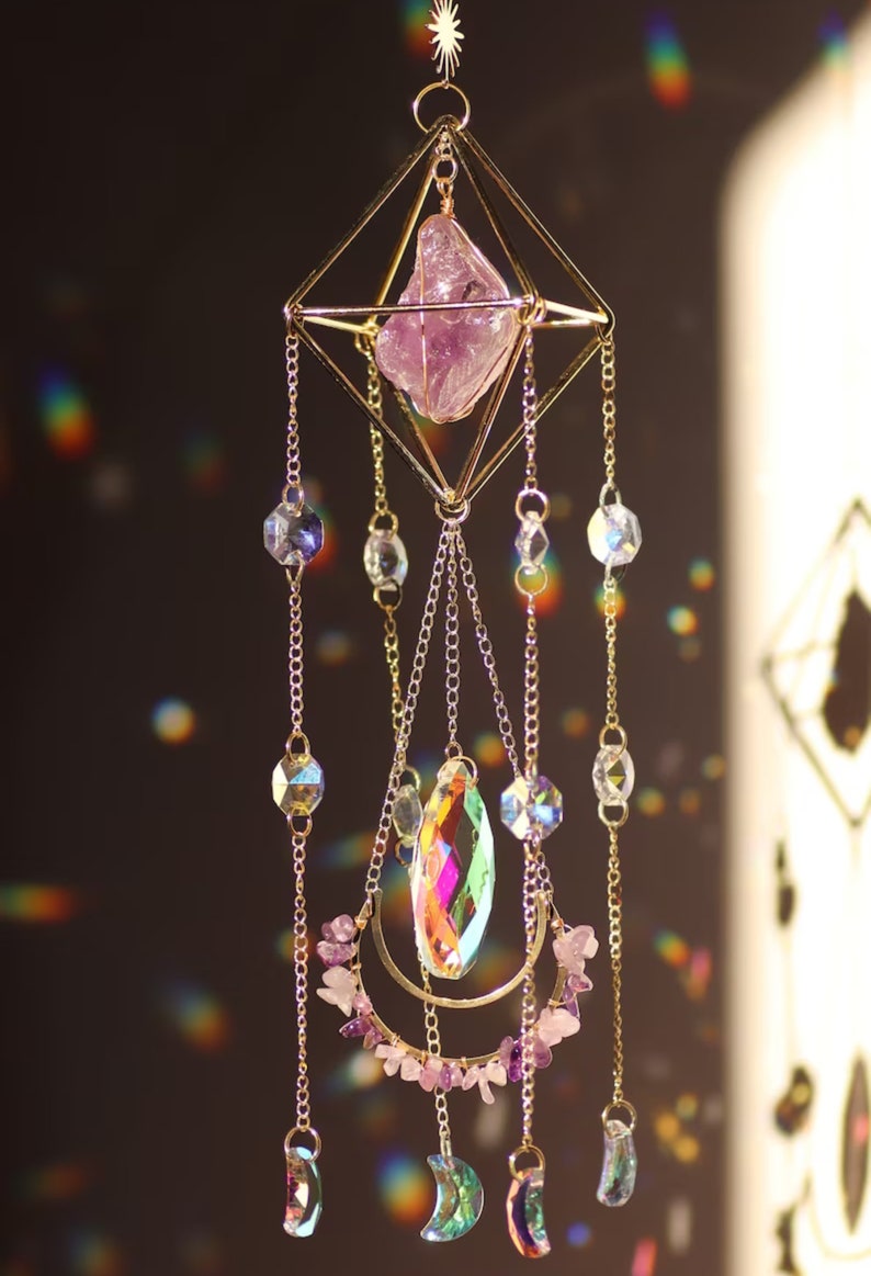 Crystal Suncatcher Gemstone Mobile, Healing Hanging Light Catcher, Boho ...