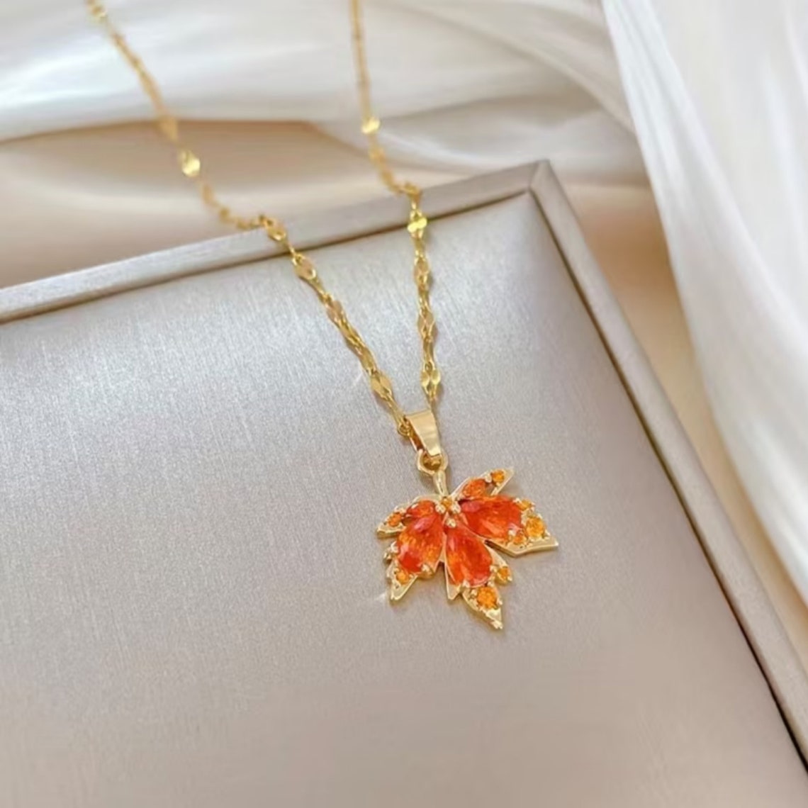 Red Zircon Maple Leaf Necklace Fall Gemstone Jewelry Autumn - Etsy