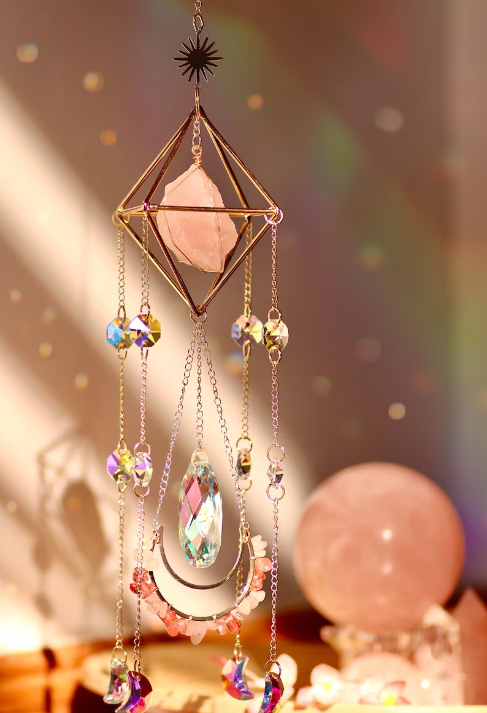 Crystal Suncatcher Gemstone Mobile, Healing Hanging Light Catcher, Boho ...