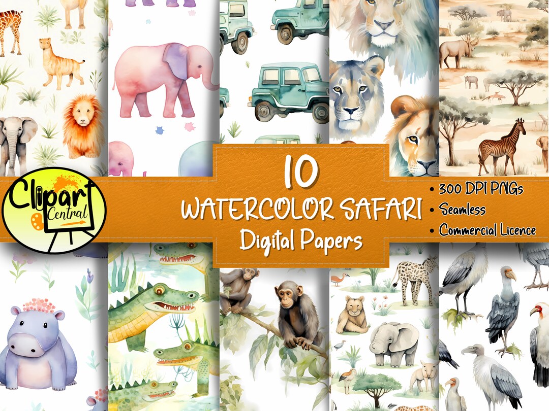 Watercolor Safari Digital Paper Seamless PNG Commercial Licence 300 DPI ...