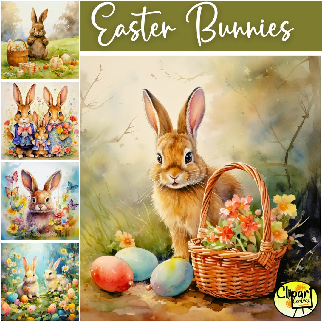 Easter Bunnies Image Bundle 15 PNG Digital Designs Card Making, Decor ...