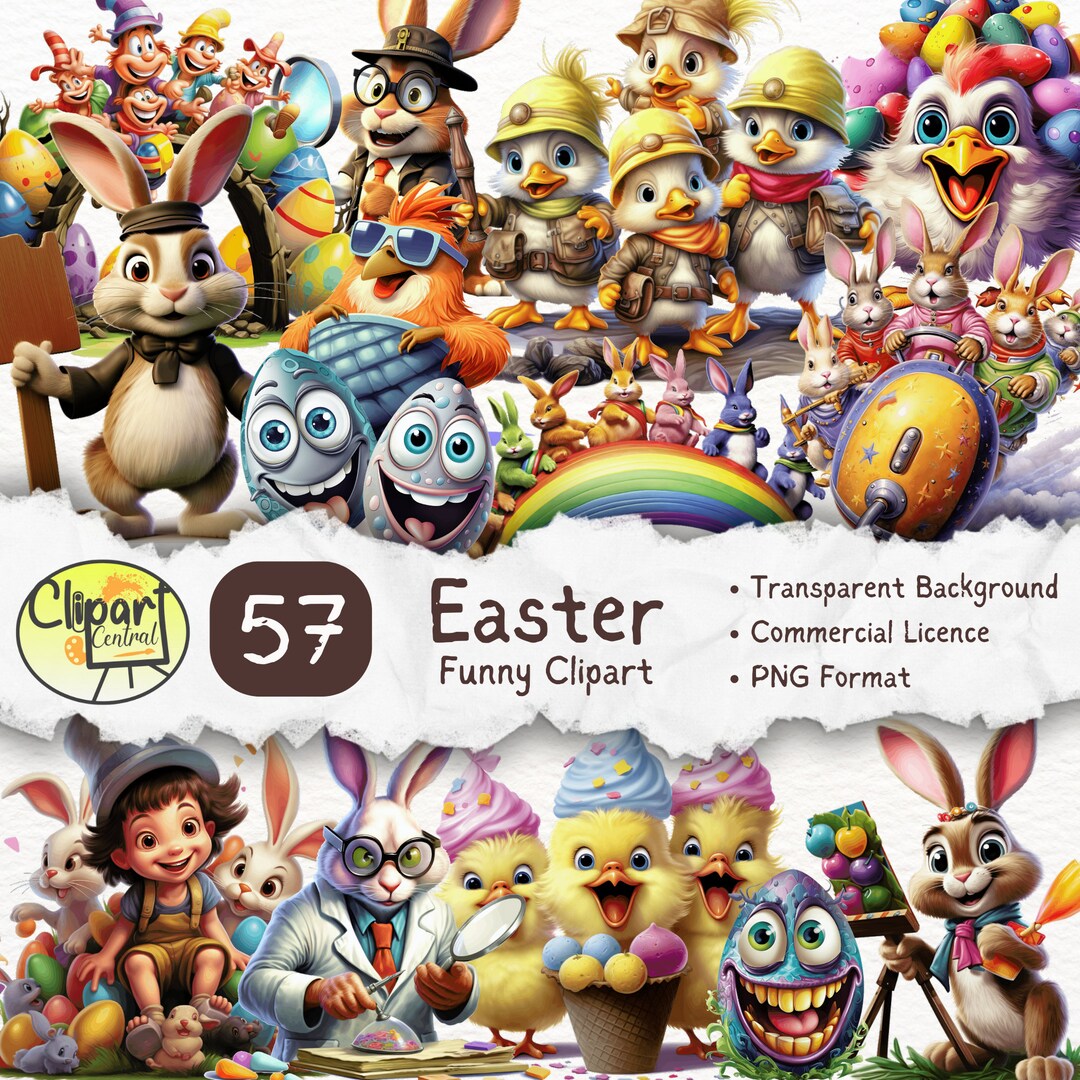 Funny Easter Clipart Bundle Commercial License Transparent Background PNG Bunny Rabbits, Cartoon ...