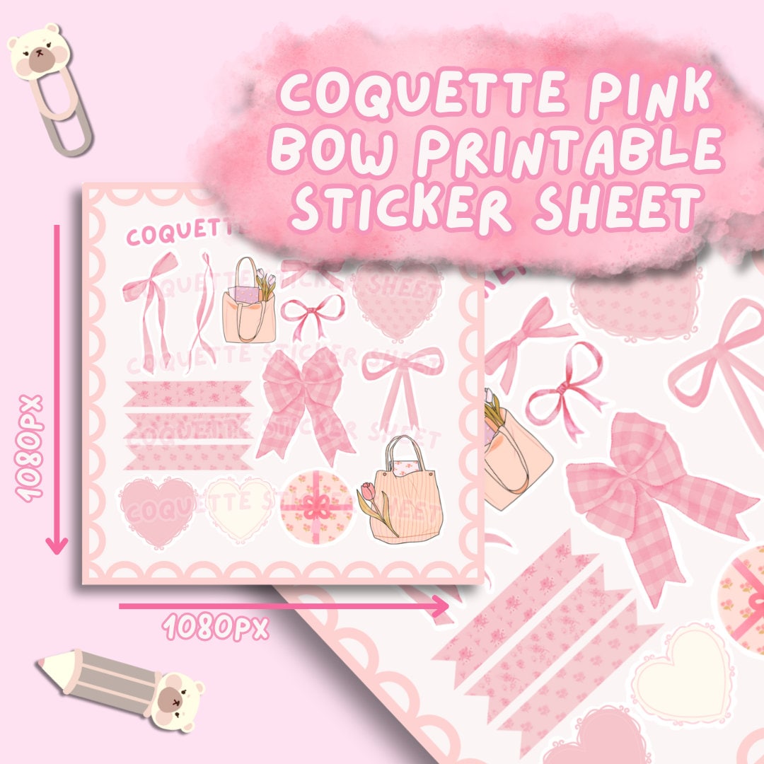 Coquette Pink Bow Printable Sticker Sheet | Digital Planner Stickers ...