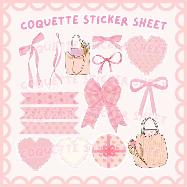 Coquette Pink Bow Printable Sticker Sheet Digital Planner Stickers ...