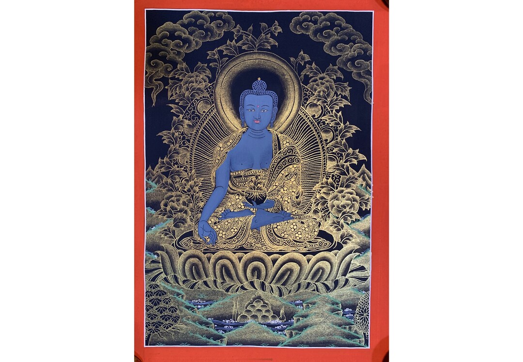 Medicine Buddha Thangka. Black and Gold Hand Painted Art Work. Healing ...