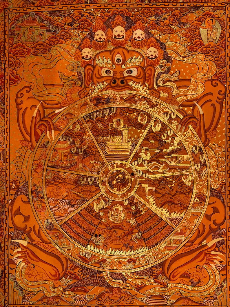 42x53 Cm Wheel of Life Thangka. Orange Theme Cycle of Rebirth and ...