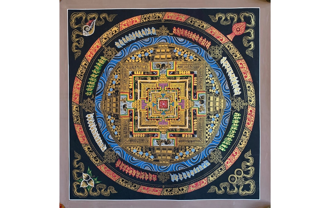 Black and Gold Kalachakra Mandala. Original Thangka Painting. Wheel of ...