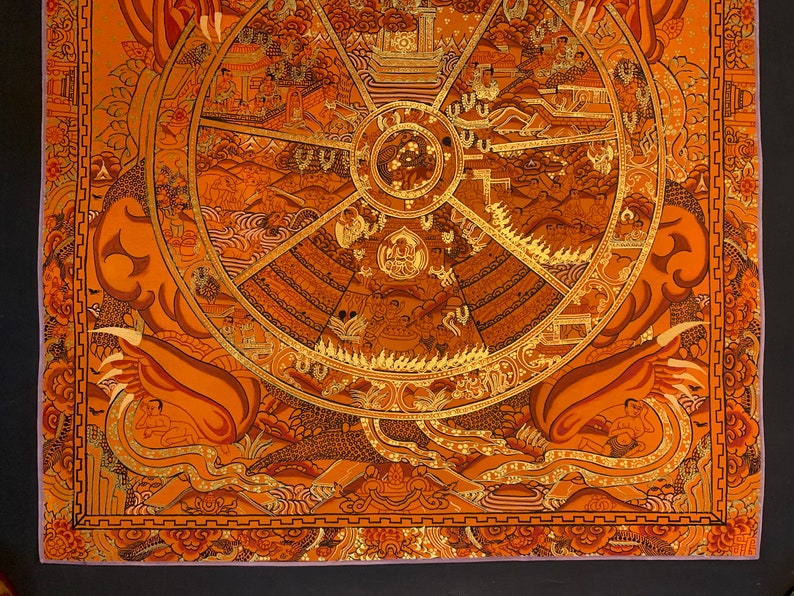 42x53 Cm Wheel of Life Thangka. Orange Theme Cycle of Rebirth and ...