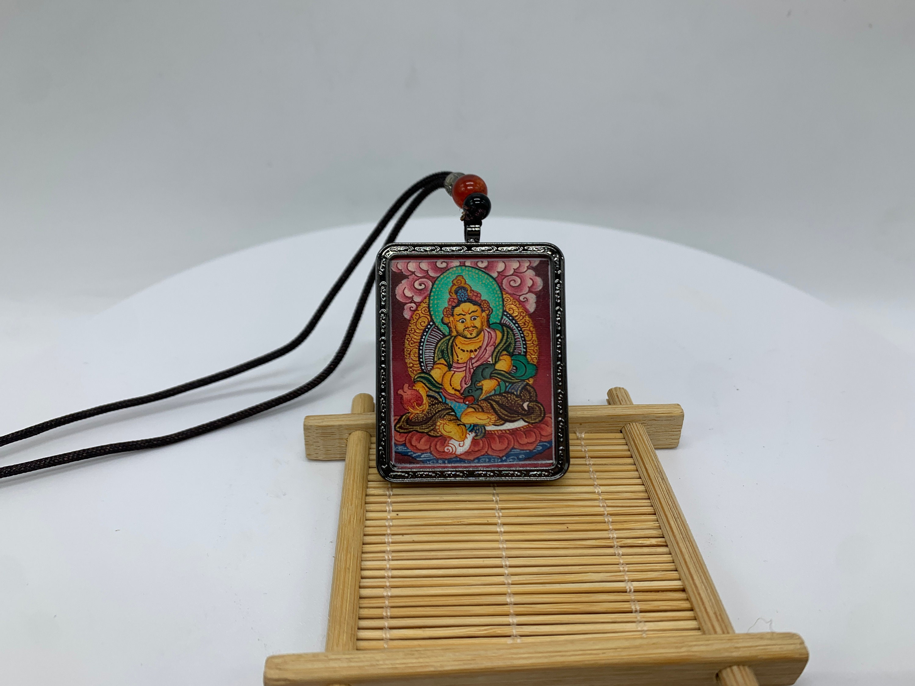 Red Theme Mini Dzambhala Thangka Pendant. Hand Painted Mini Jambhala ...