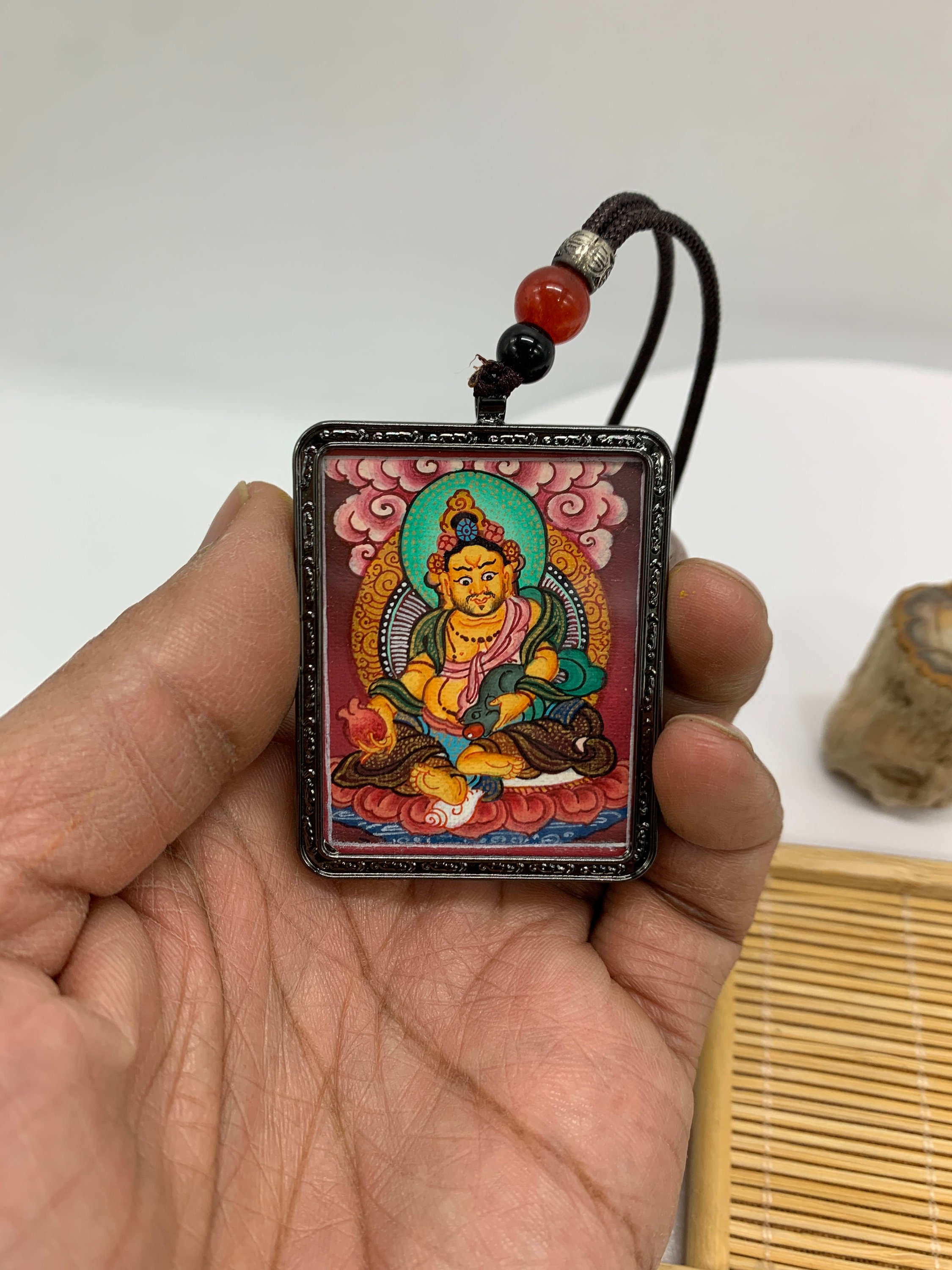 Red Theme Mini Dzambhala Thangka Pendant. Hand Painted Mini Jambhala ...