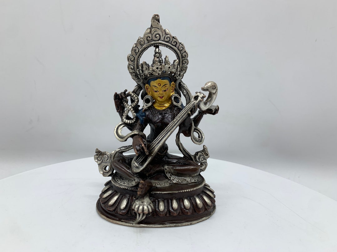 Oxidize Saraswati Statue. Gold Plated Face. Silver Mix Yangchenma ...