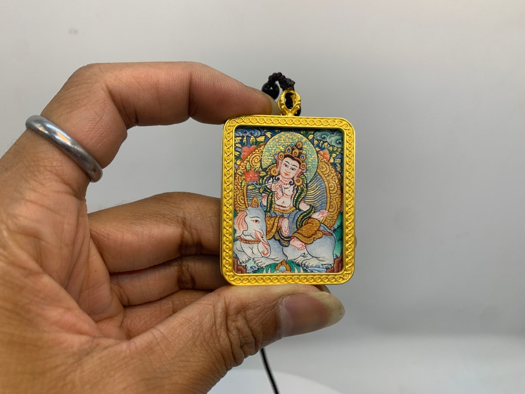 Gold Painted Mini Samantabhadra Thangka Pendant. Puxian Pusa Necklace ...