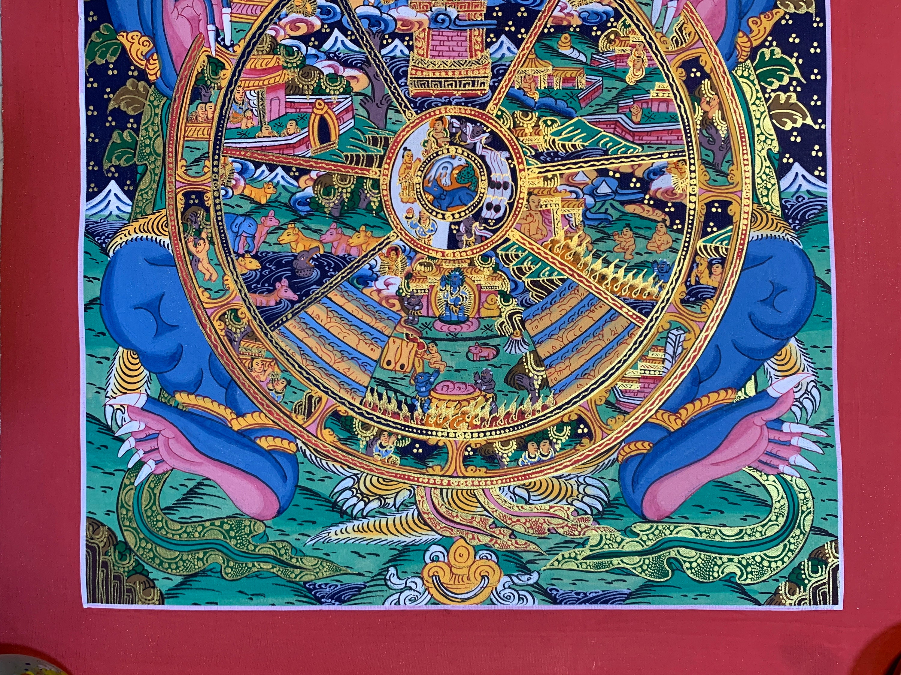 38x30 Cm Wheel of Life Thangka. Wheel of Existence, Samsara and Nirvana ...
