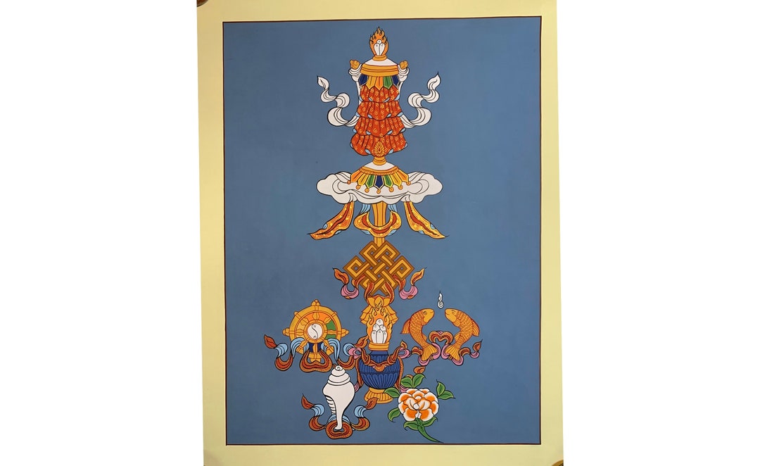 58x45 Cm Eight Auspicious Symbols. Tashi Taggye. Tibetan Style ...
