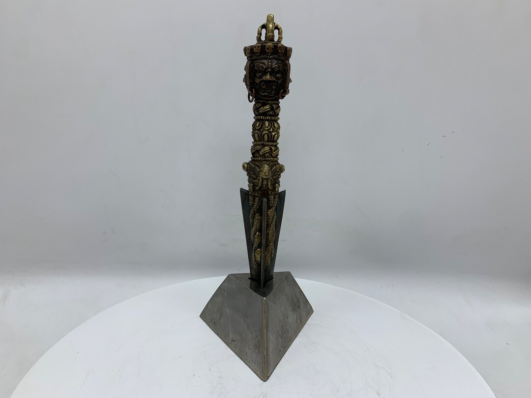 8 Inch Tall Dorje Phurba With Stand. Three Faced Tantric Ritual Dagger. Hand Crafted Kilaya ...