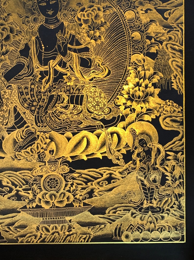 Green Tara Thangka. Tibetan Thangka Painting. Hand Painted Black and ...