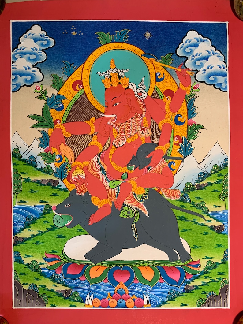Rare red Ganesh thangka. hand painted ganesha thangka painting. dharma ...