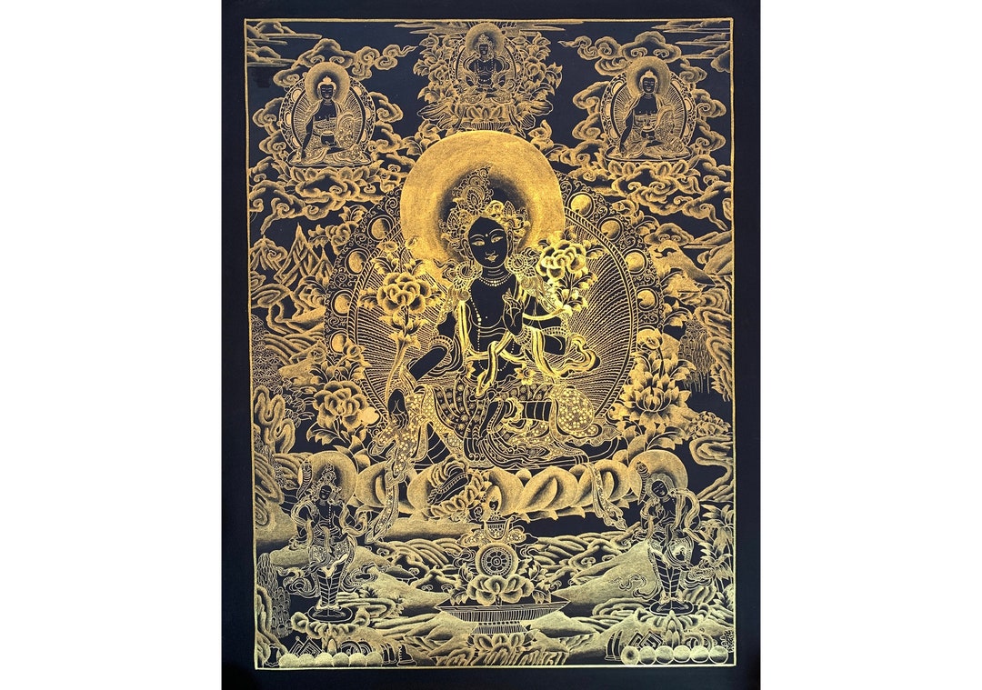 Green Tara Thangka. Tibetan Thangka Painting. Hand Painted Black and ...