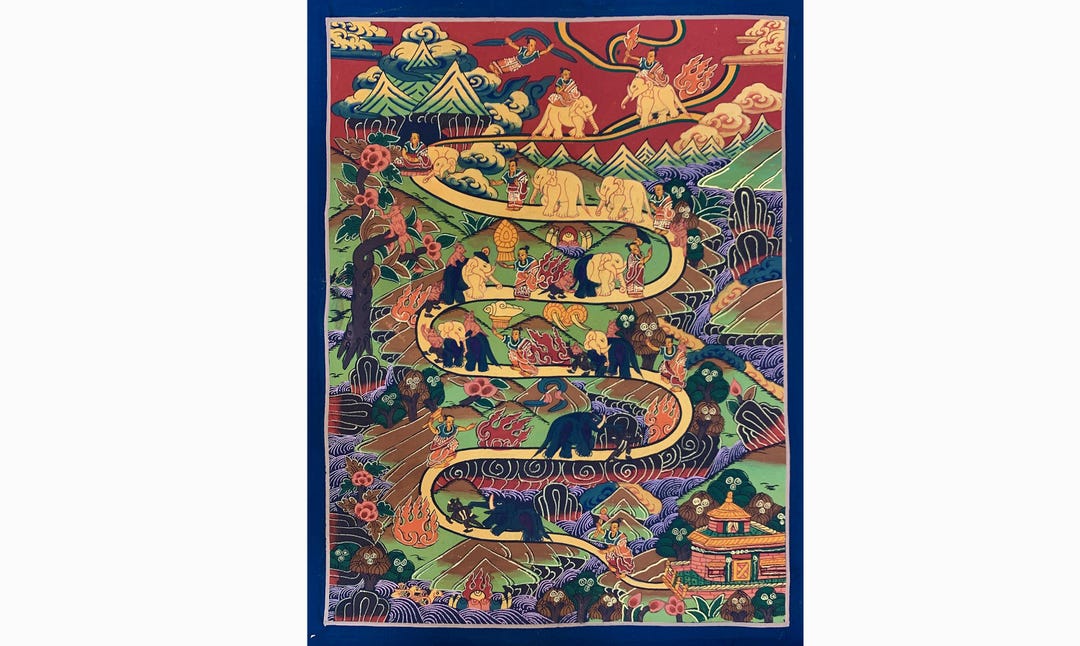 Transformation of Elephant Thangka. Red Sky. Monk Taming Wild Elephant ...
