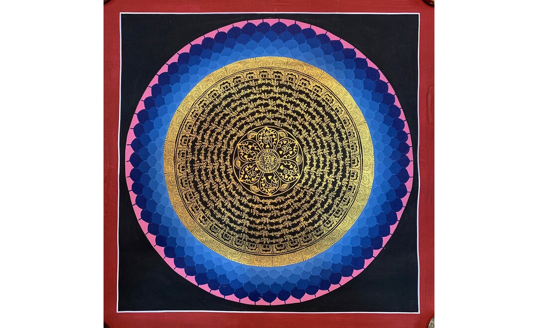 Blue Lotus Mantra Mandala. Hand Painted Avalokitesvara Mantra ...